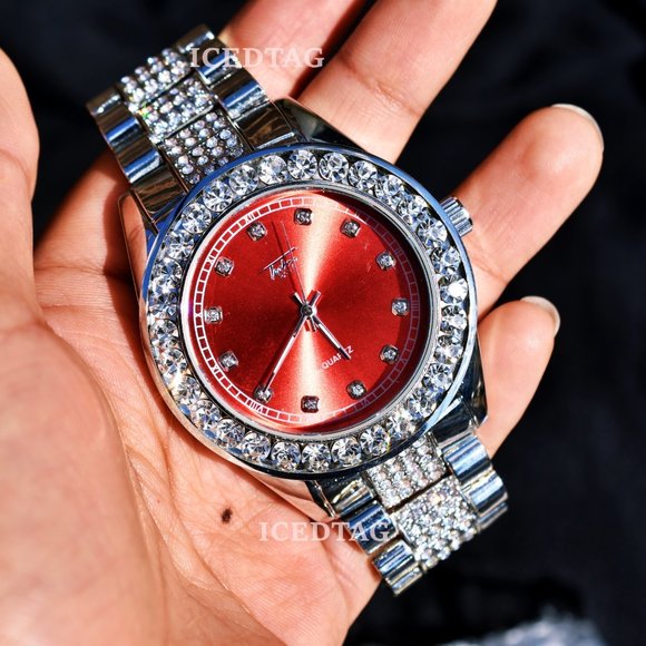 Accessories | Full Iced Out Red Face Dial Heavy Luxury Watch | Poshmark